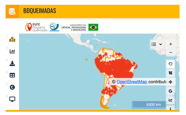 Este site atualiza pontos de queimadas no Brasil a cada 10 minutos